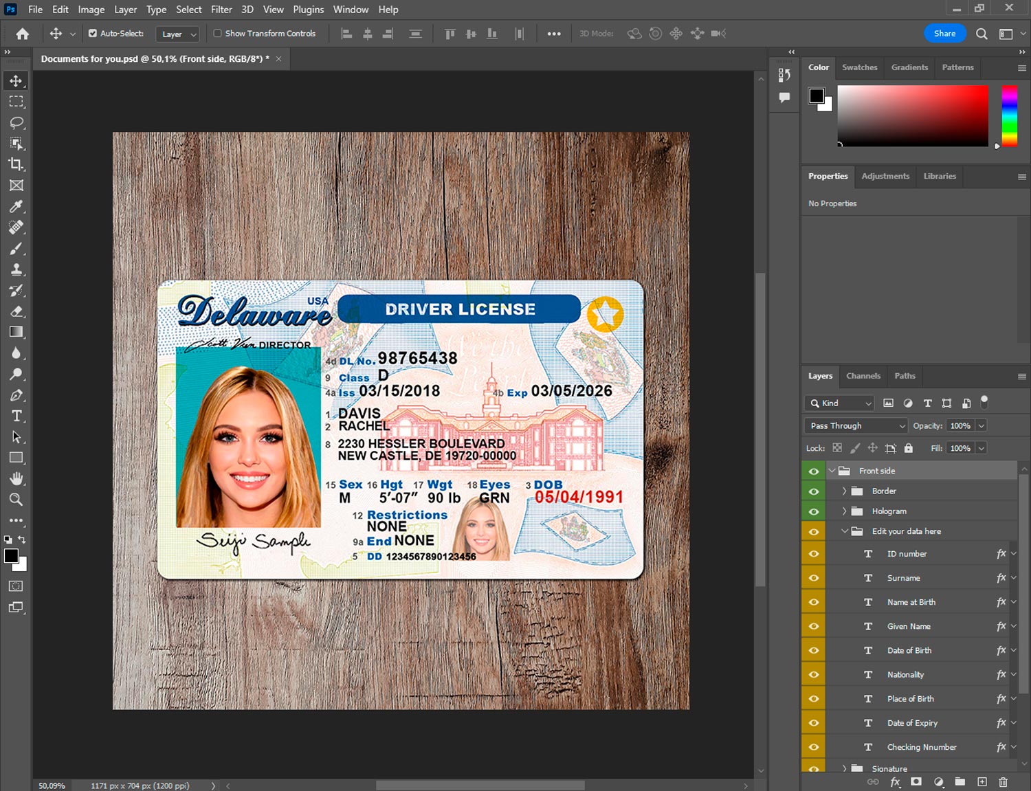 Delaware Driver License Template PSD – Editable ID Mockup for Digital ...