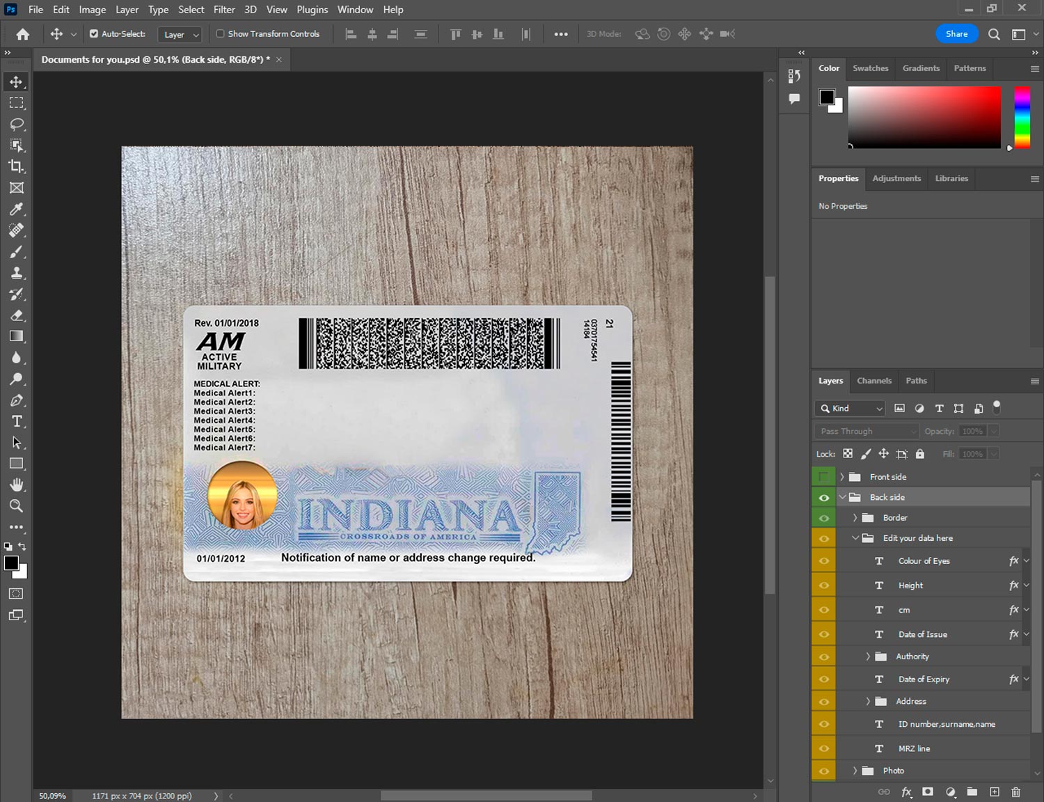 Indiana Editable ID PSD | Printable 300 DPI Format