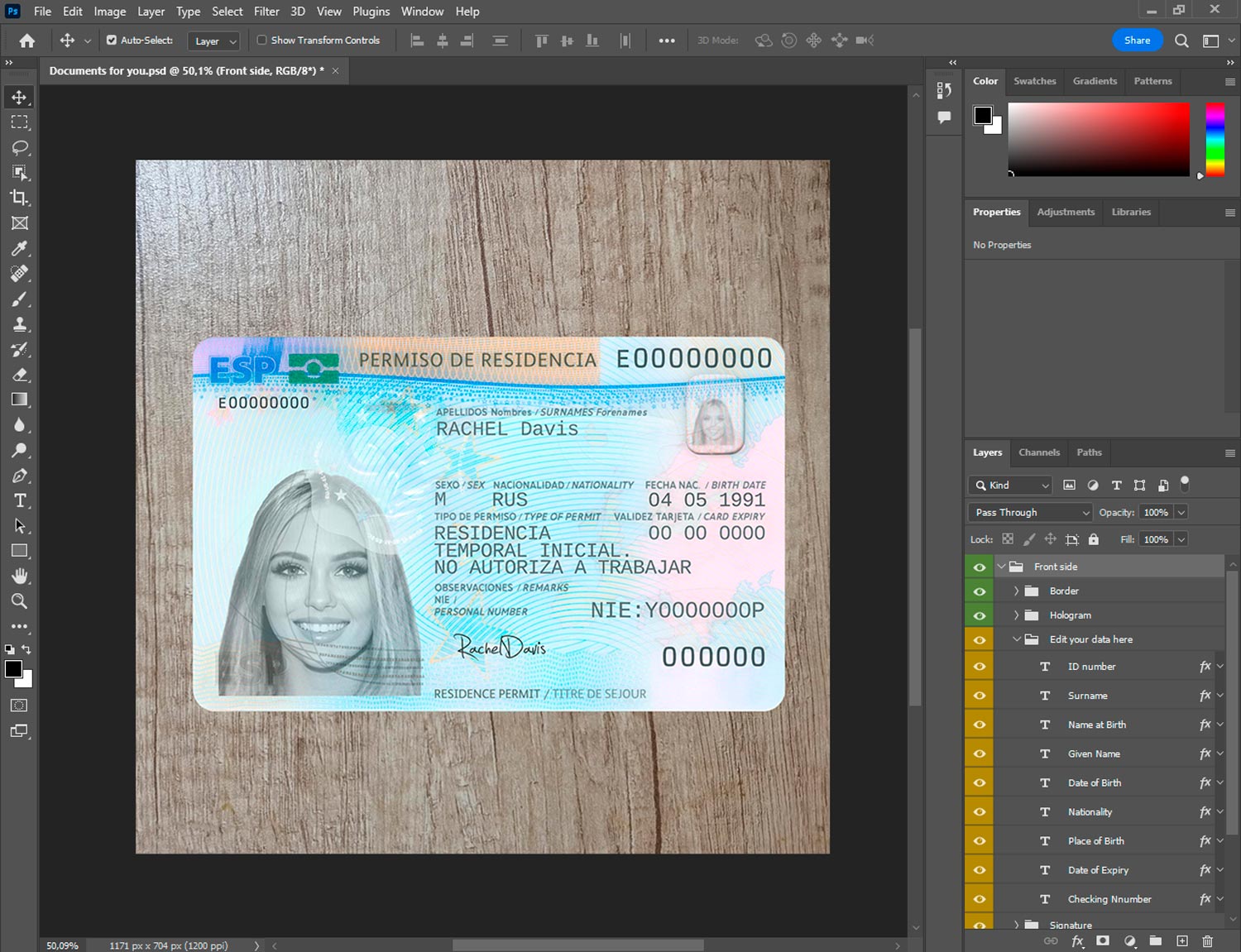Custom Spain Residence permit Template | Printable PSD File