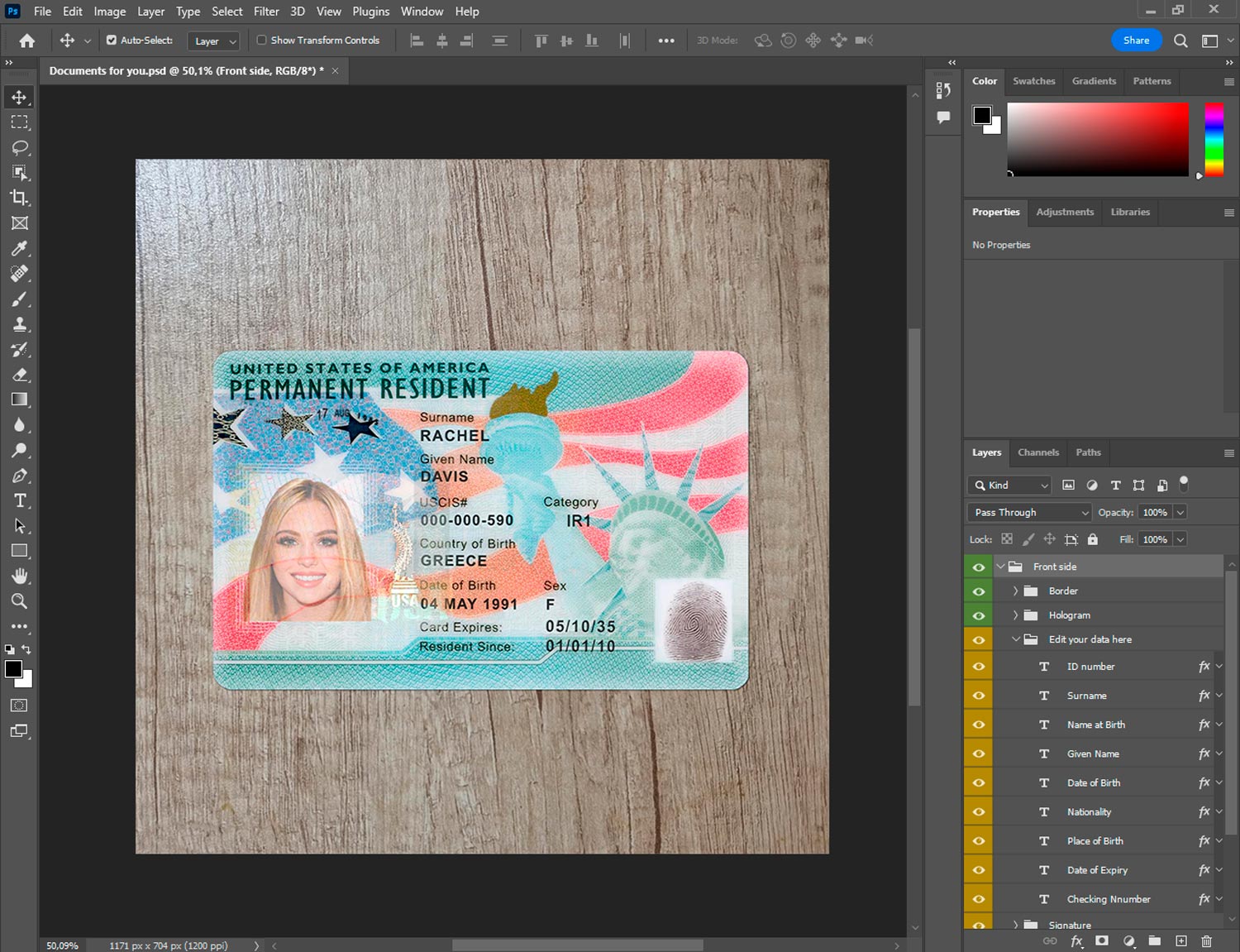 Green Card template PSD Mockup - permanent resident card