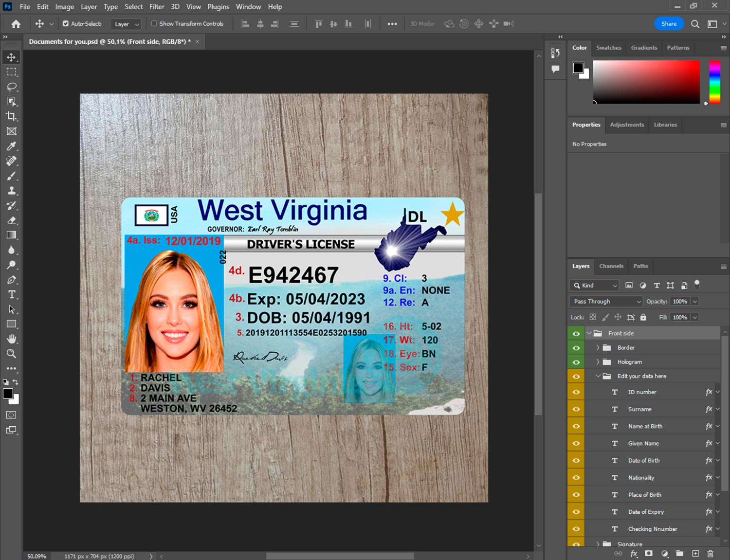 West Virginia Driver License Template PSD – Rugged Editable ID for ...