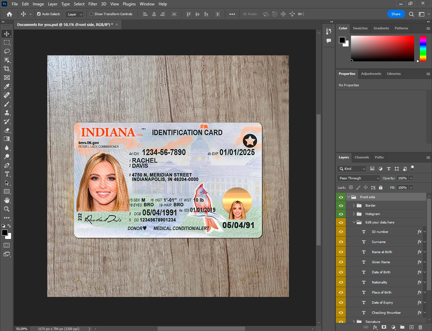 Indiana Editable ID PSD | Printable 300 DPI Format